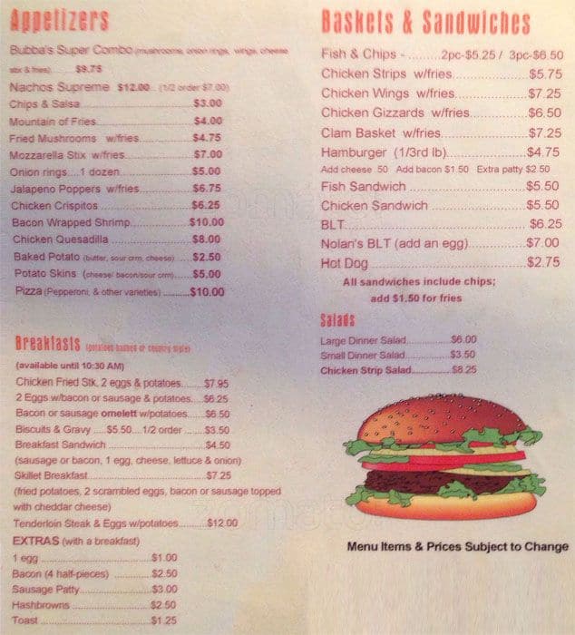 Menu at Bubba's Place pub & bar, Kent