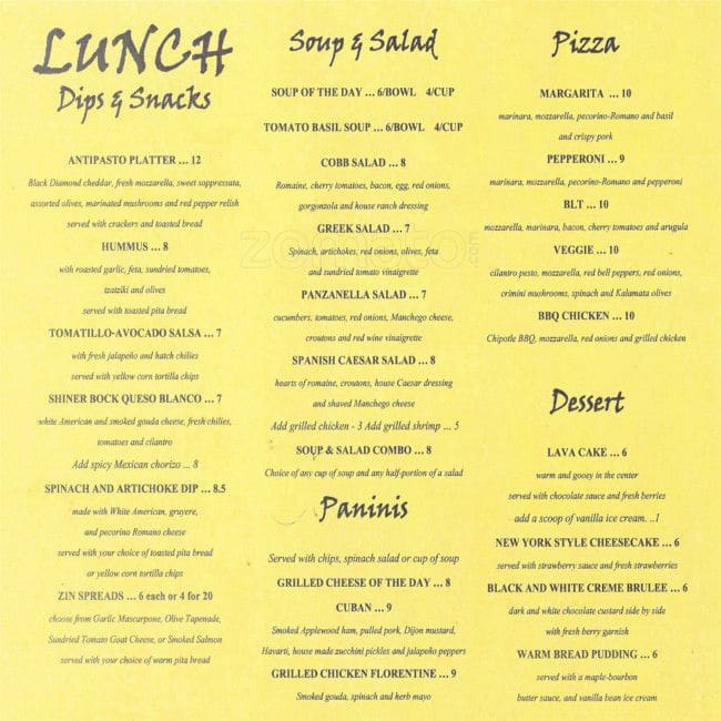 Menu at Zin Zen Wine Bistro pub & bar, McKinney, Virginia Pkwy # 104