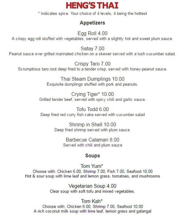 Menu at Heng's Thai Cuisine restaurant, Springfield