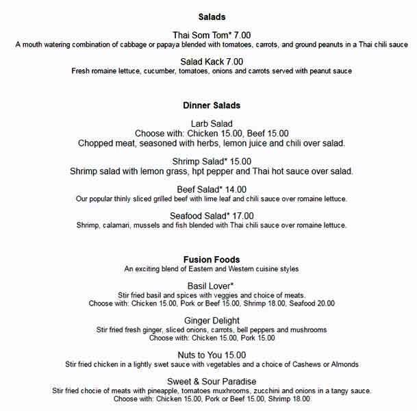 Menu at Heng's Thai Cuisine restaurant, Springfield