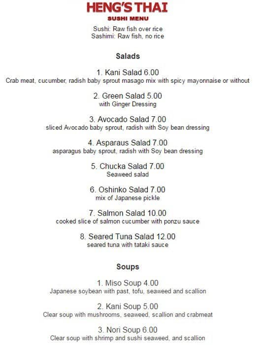 Menu at Heng's Thai Cuisine restaurant, Springfield