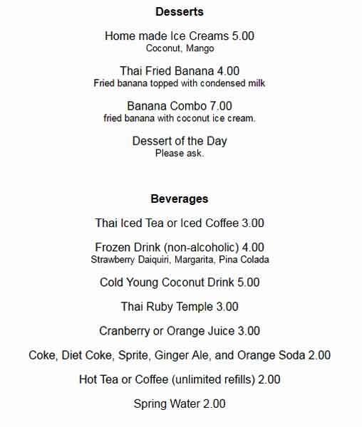 Menu at Heng's Thai Cuisine restaurant, Springfield