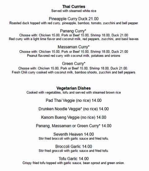 Menu at Heng's Thai Cuisine restaurant, Springfield