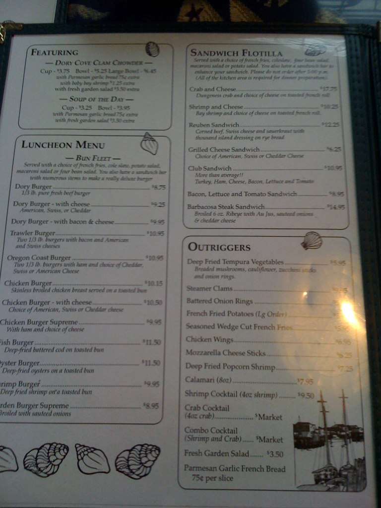 Menu at Dory Cove Restaurant, Lincoln City, SW Hwy 101