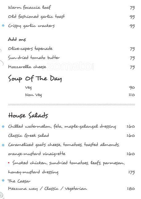 Menu at Cafe Mezzuna, Bengaluru