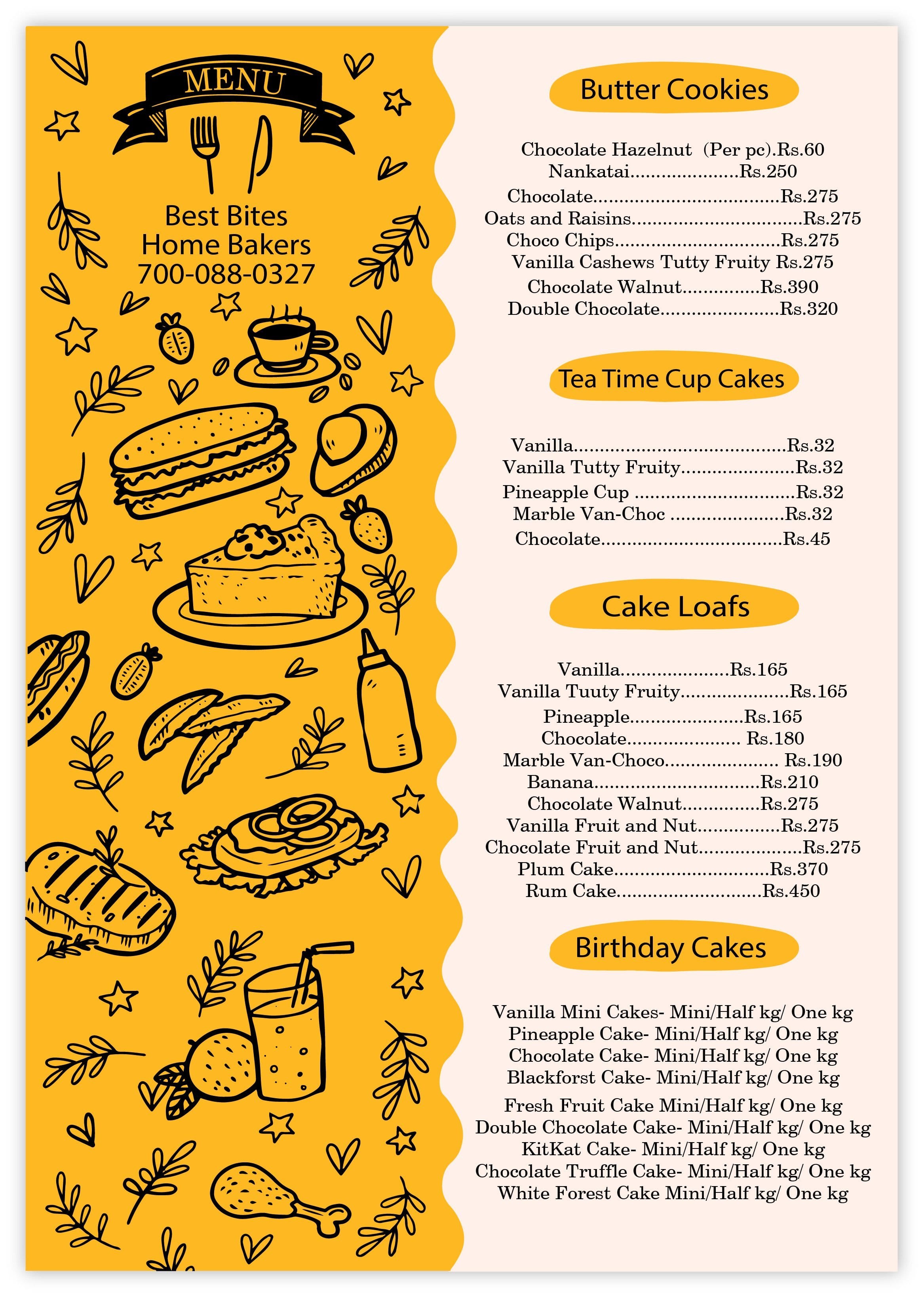 Menu at Best Bites Bakery, Jabalpur