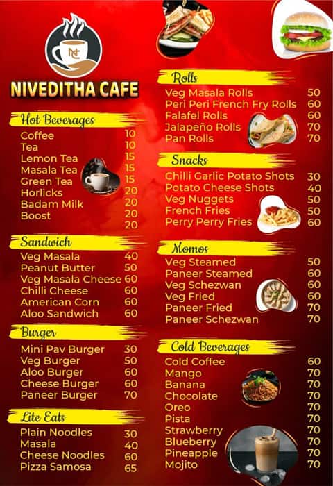 Menu of Niveditha Cafe, Vidyaranyapura, Mysore