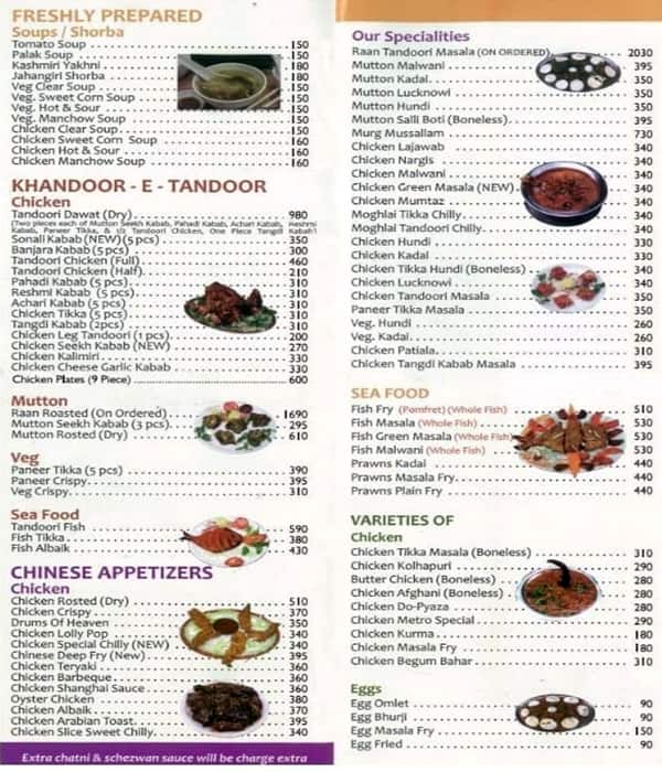 Menu of Cafe Metro, Marine Lines, Mumbai
