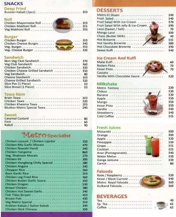 Menu at Metro Snacks, Mumbai