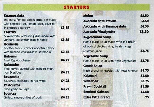 Menu at The Four Lanterns restaurant, London