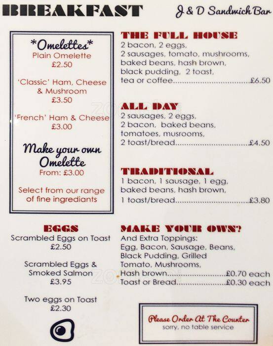 Menu at J D Sandwich Bar, Walton-on-Thames