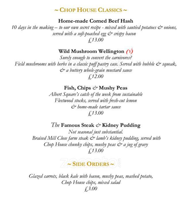 Menu at The Albert Square Chop House pub & bar, Manchester, The ...