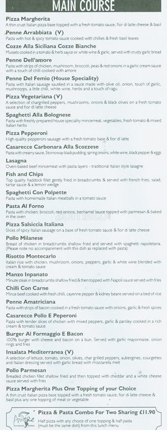 Menu at Amore pizzeria, Glasgow, 30 Ingram St
