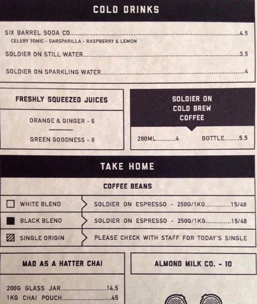Menu at Soldier On cafe, Prahran