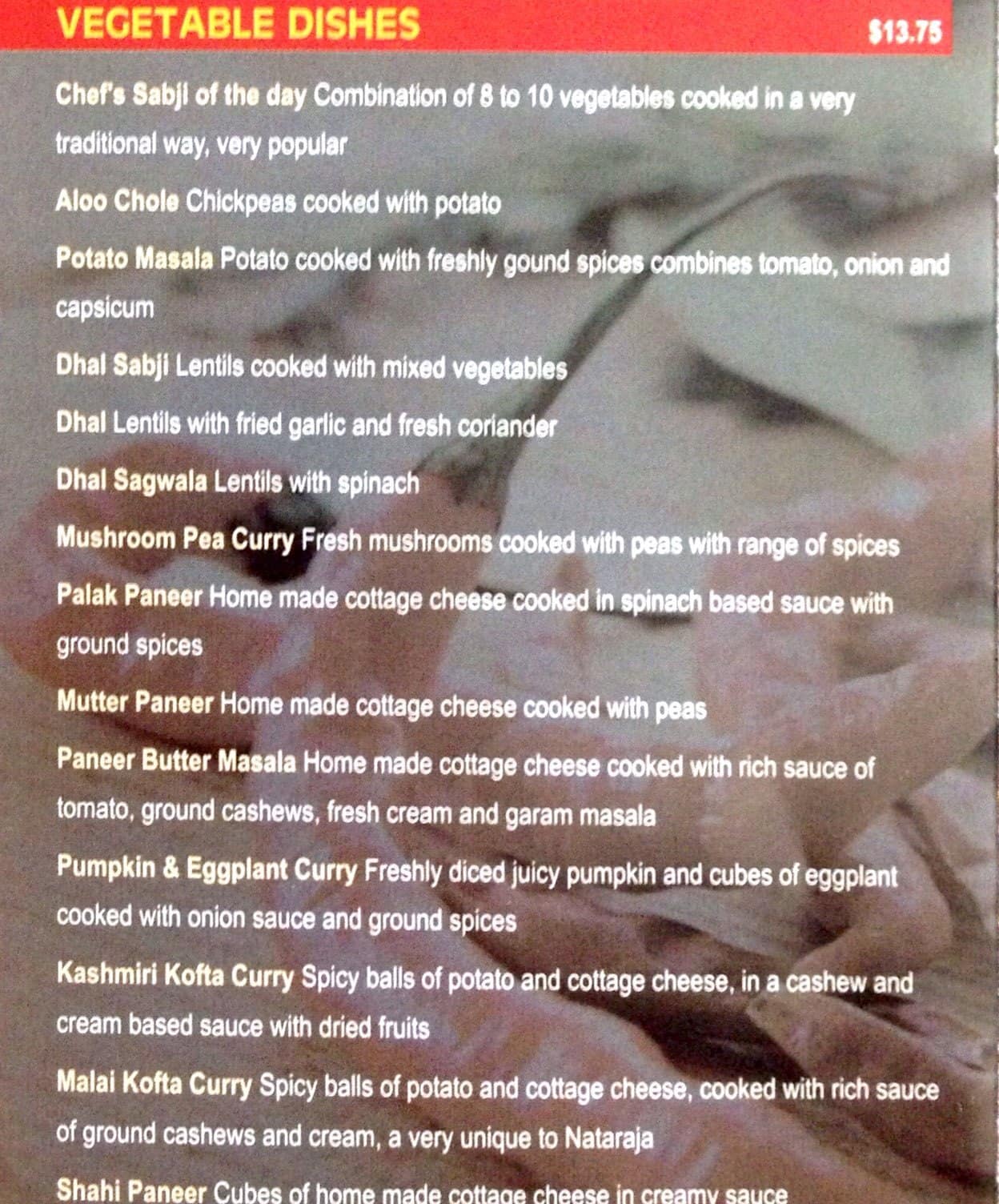 Menu at Nataraja Indian Restaurant, Red Hill