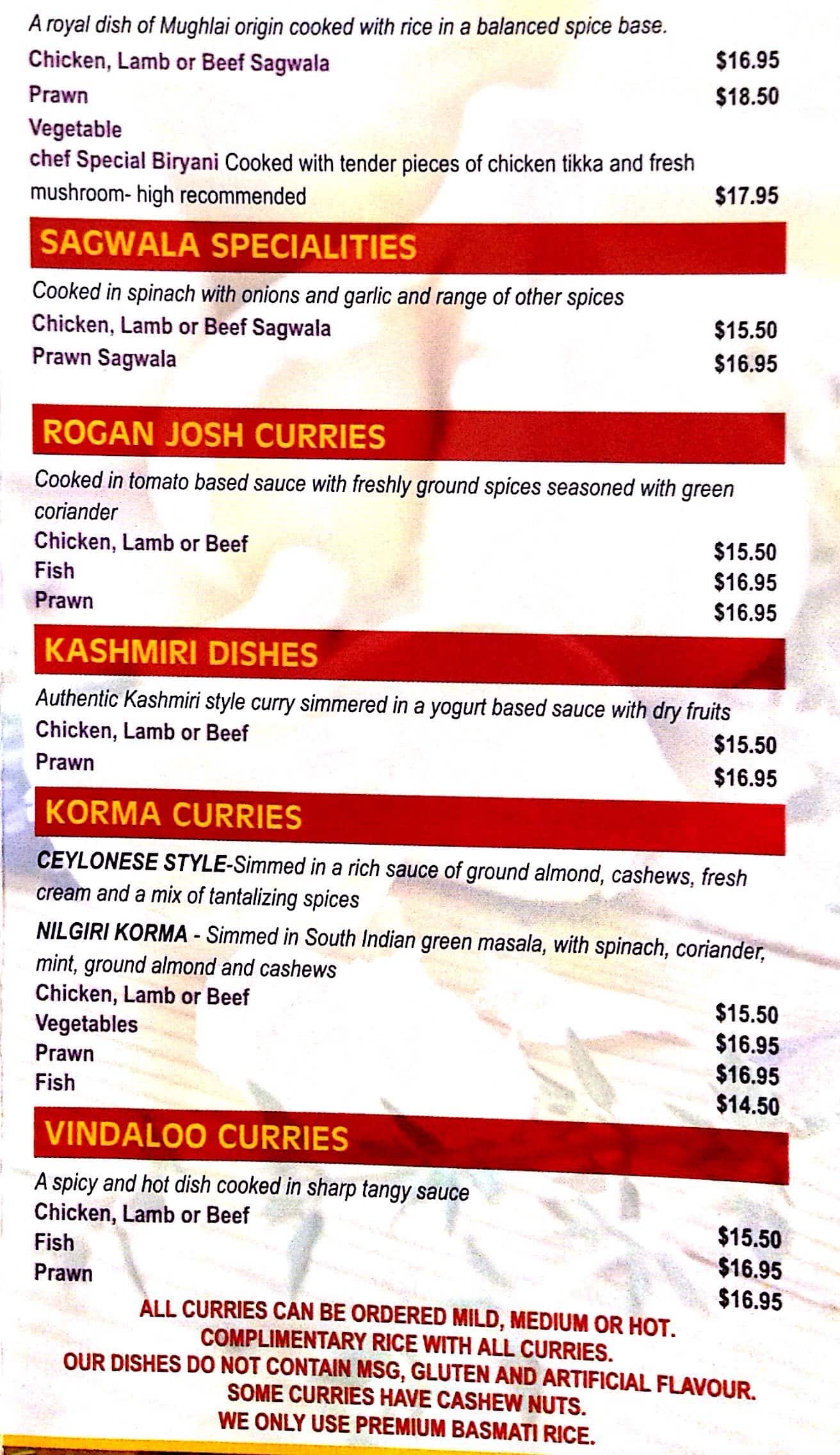 Menu at Nataraja Indian Restaurant, Red Hill