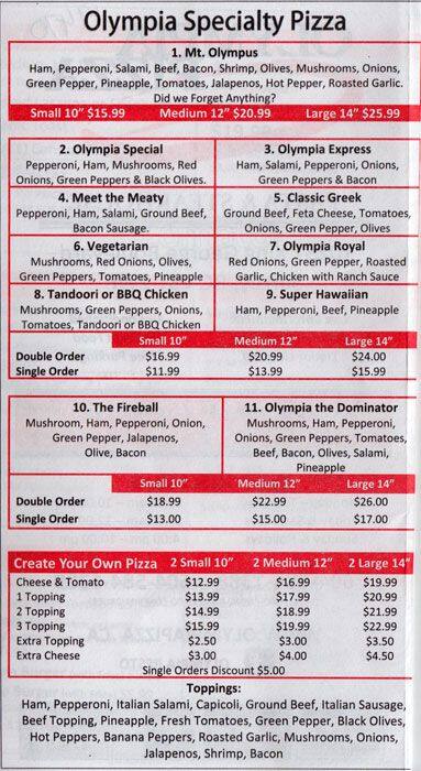 Menu at Olympia Pizza pizzeria, Surrey