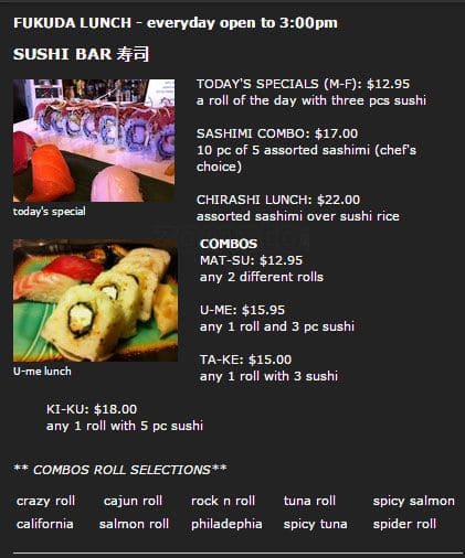 Menu at Fukuda restaurant, The Woodlands