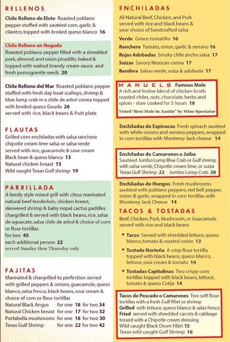 Menu at Manuel's restaurant, Austin, Jollyville Rd