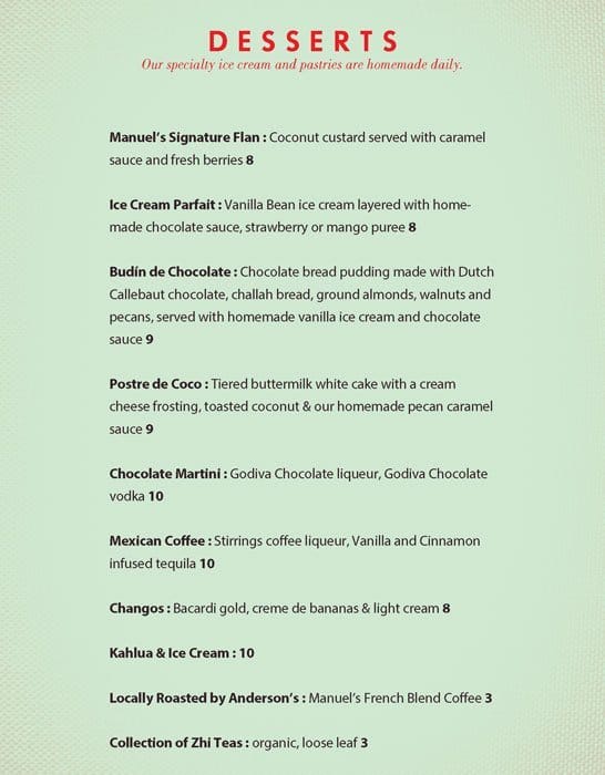 Menu at Manuel's restaurant, Austin, Jollyville Rd