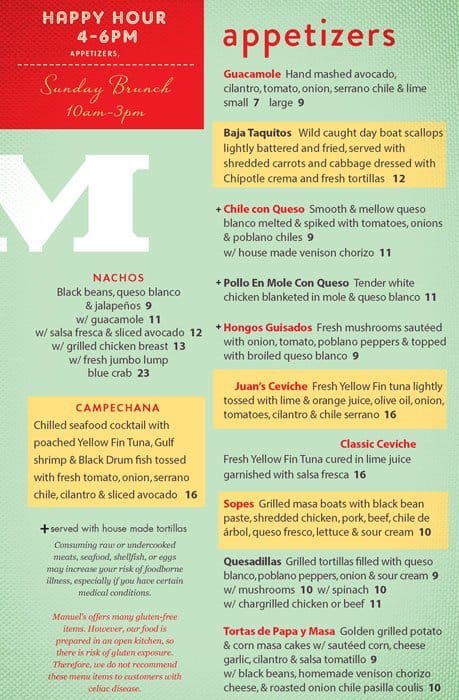 Menu at Manuel's restaurant, Austin, 310 Congress Ave