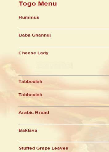 Menu at Arabesque restaurant, Boulder