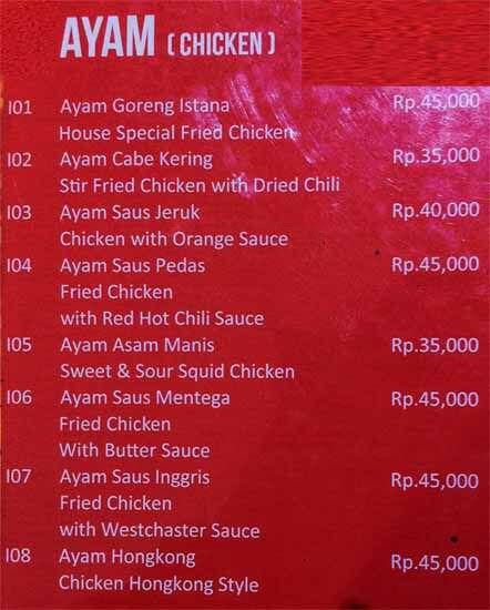 Carta de Istana Chinese Seafood Restaurant, Denpasar