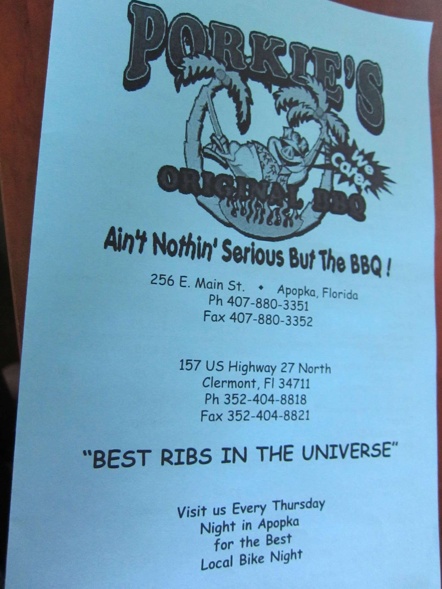 Menu at Porkie’s Original BBQ, Apopka