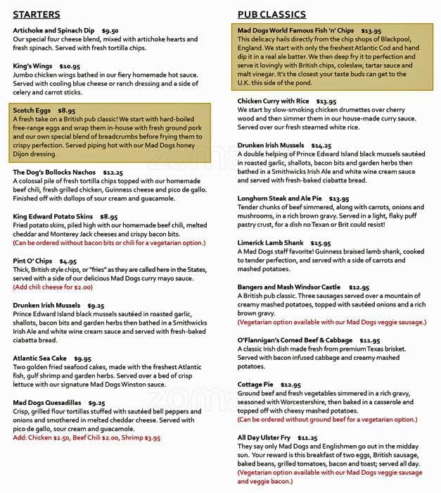 Menu at Mad Dogs pub & bar, San Antonio