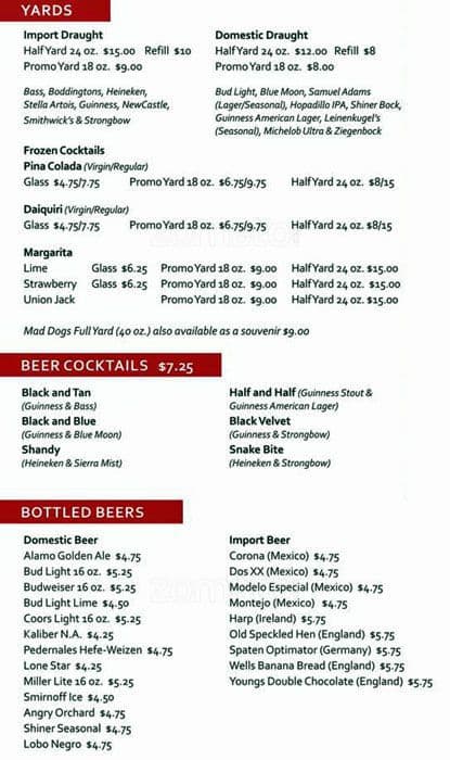 Menu at Mad Dogs pub & bar, San Antonio