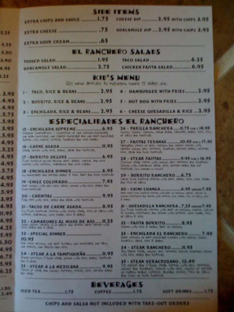 Menu at El Ranchero Mexican Restaurant, Nashville, 63 Thompson Ln