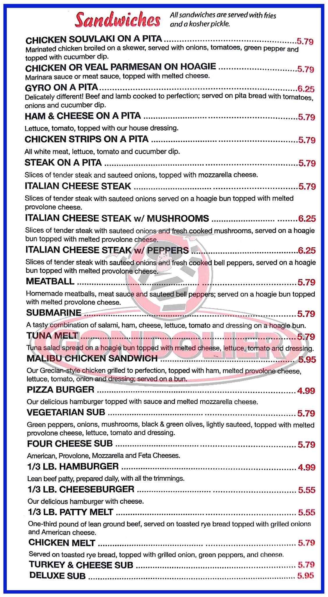 Menu at Gondolier pizzeria, Chattanooga, Lee Hwy #124