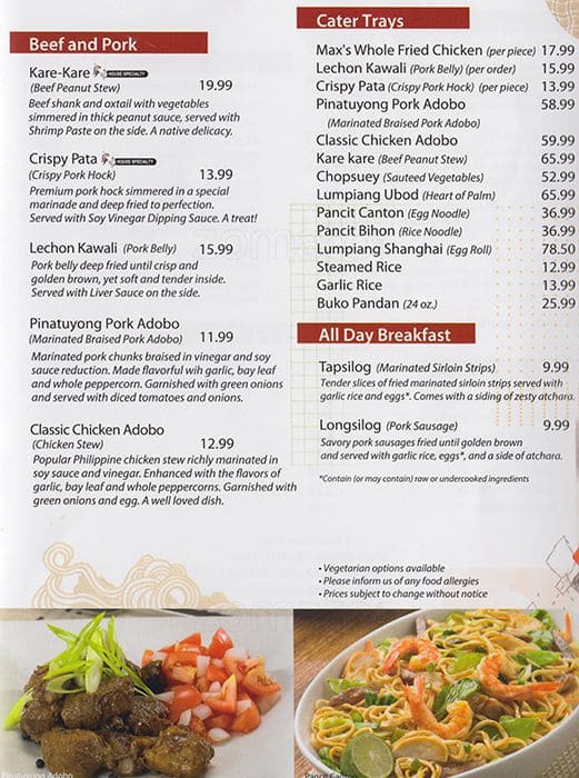 Menu at Max's Restaurant, Cuisine of the Philippines, Scarborough ...