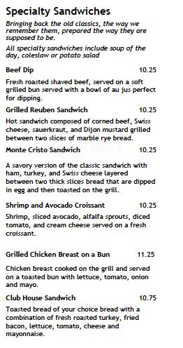 Menu at Café Adagio, Parksville