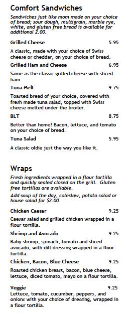 Menu at Café Adagio, Parksville
