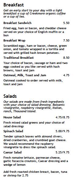 Menu at Café Adagio, Parksville