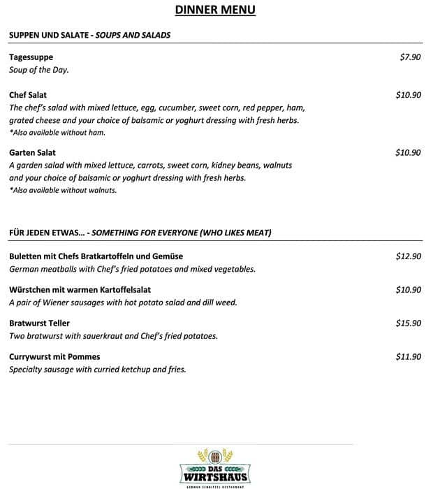 Menu at Das Wirtshaus restaurant, Calgary