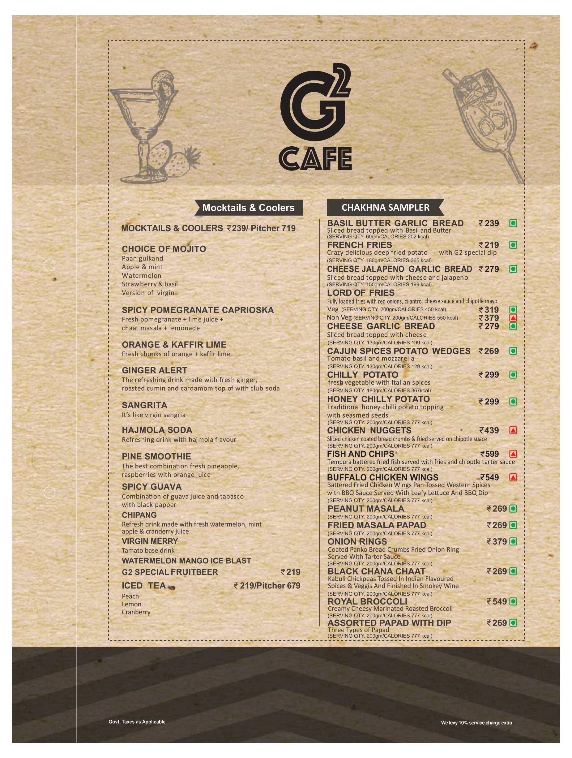 Menu of G2 Cafe, Anand Vihar, New Delhi