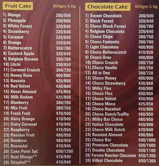 Menu of Cake Point, Sinhgad Road, Pune