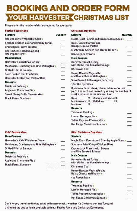Menu at Harvester restaurant, Staines-upon-Thames, Tilly's Ln