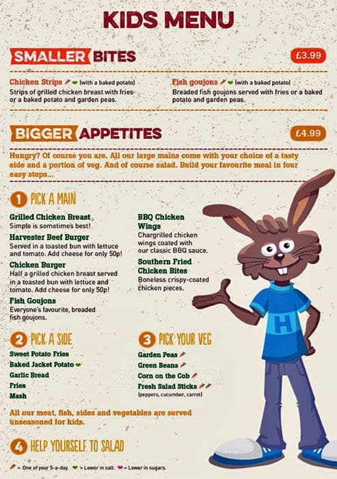 Menu at Harvester restaurant, Staines-upon-Thames, Tilly's Ln