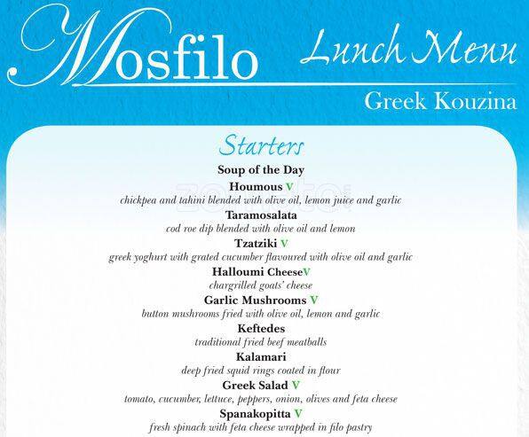 Menu at Mosfilo restaurant, London