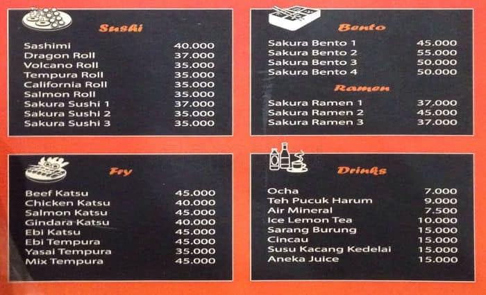 Menu at Sakura Express restaurant, South Jakarta, Kemang Village Lantai 3