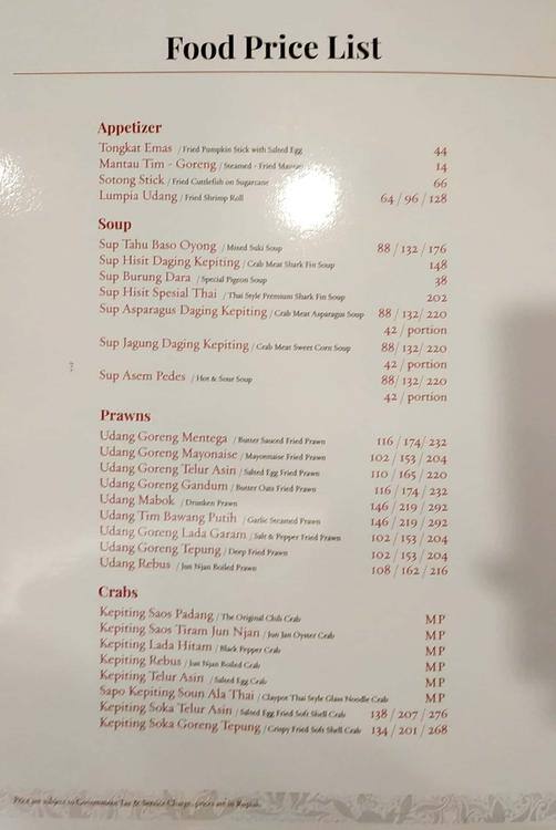 Menu at Jun Njan restaurant, West Jakarta, Letjen S. Parman St No.28