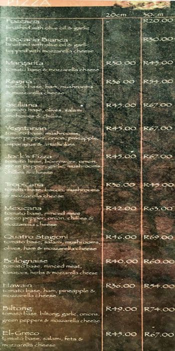 Menu at Jock Of The Bushveld Pub And Restaurant, Pretoria