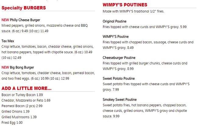 Menu at Wimpy's restaurant, Courtice, King St E