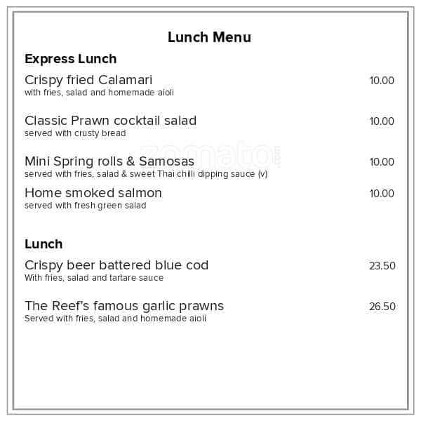 Menu at The Reef Seafood Restaurant & Bar, Dunedin