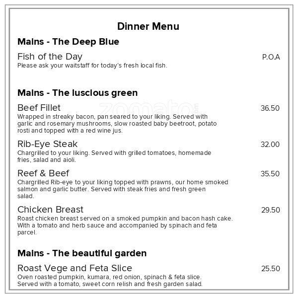 Menu at The Reef Seafood Restaurant & Bar, Dunedin