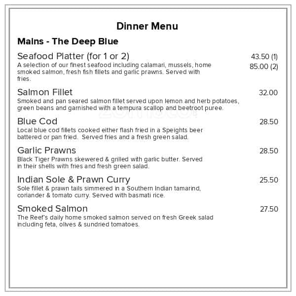 Menu at The Reef Seafood Restaurant & Bar, Dunedin