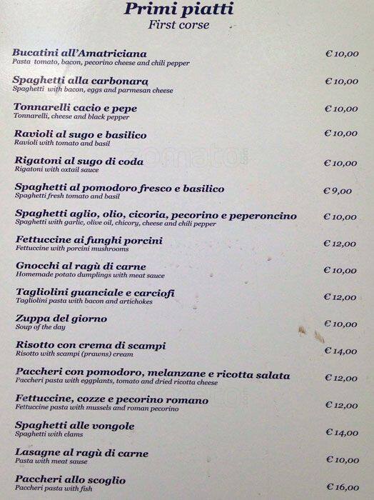 Menu at Da Francesco pizzeria, Rome, Via Sora 48